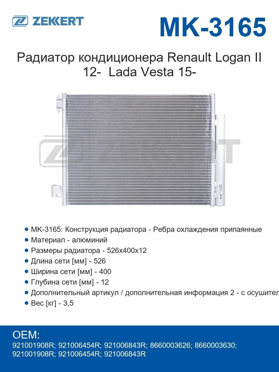 Радиатор кондиционера Renault Logan II с 2012 года Lada Vesta с 2015 года