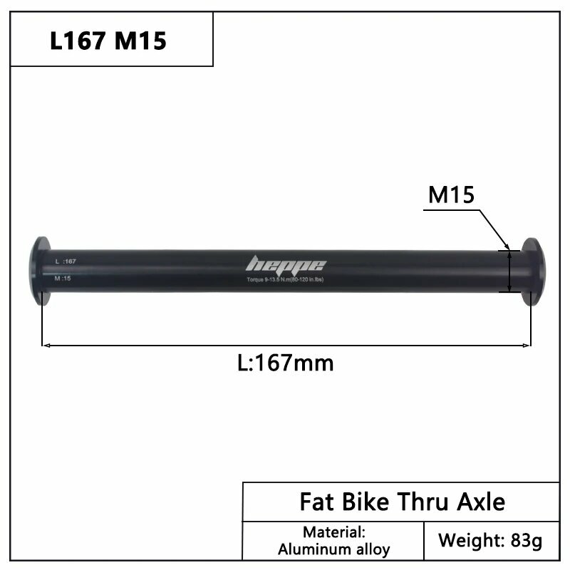 Велосипедная сквозная ось Heppe Fatbike черная алюминиевая M12 M15 L167 M15