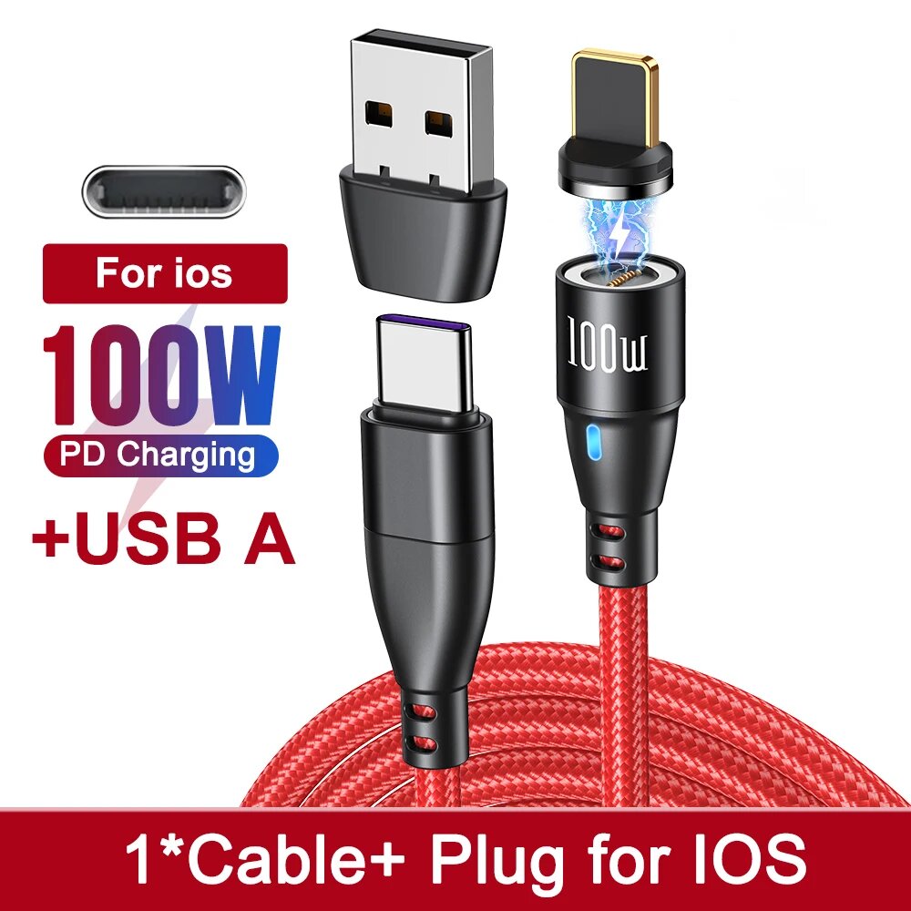 AUFU 100W PD Магнитный кабель USB-A/iOS, 1m, Red for iPhone
