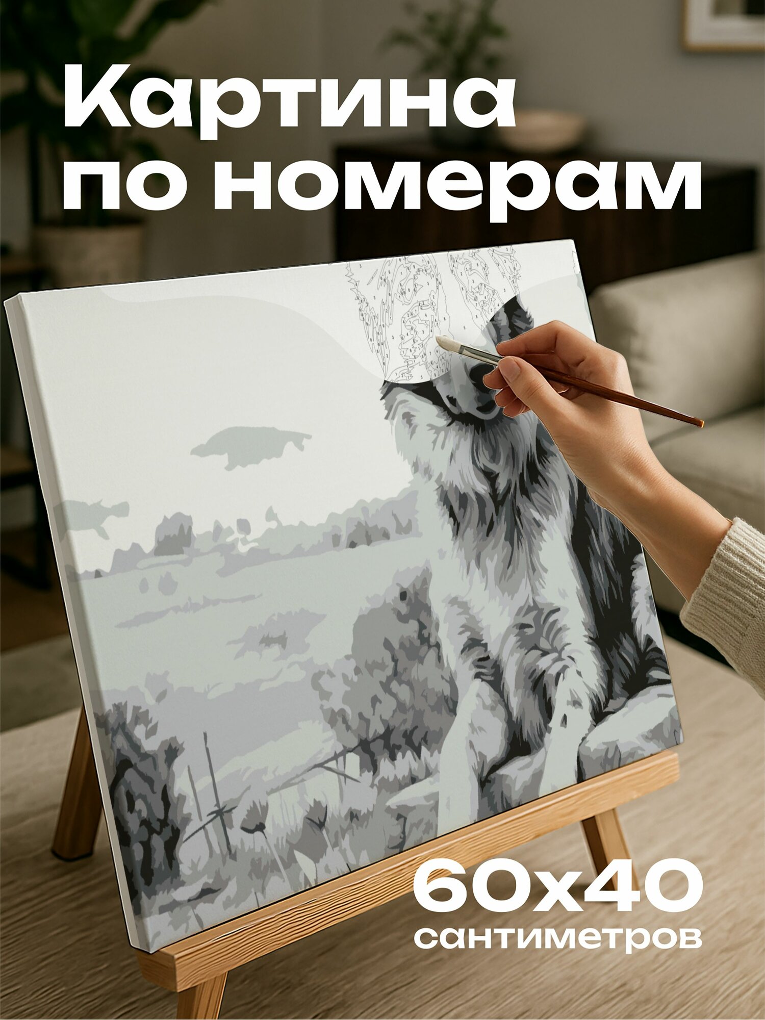Картина по номерам 60x40 см, графитовый рисунок, бордер-колли, поводок, сидящий, текстуры, момент