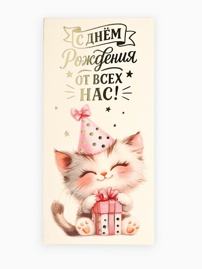 Конверт для денег С днём рождения , котик, тиснение, 16.5 8 см