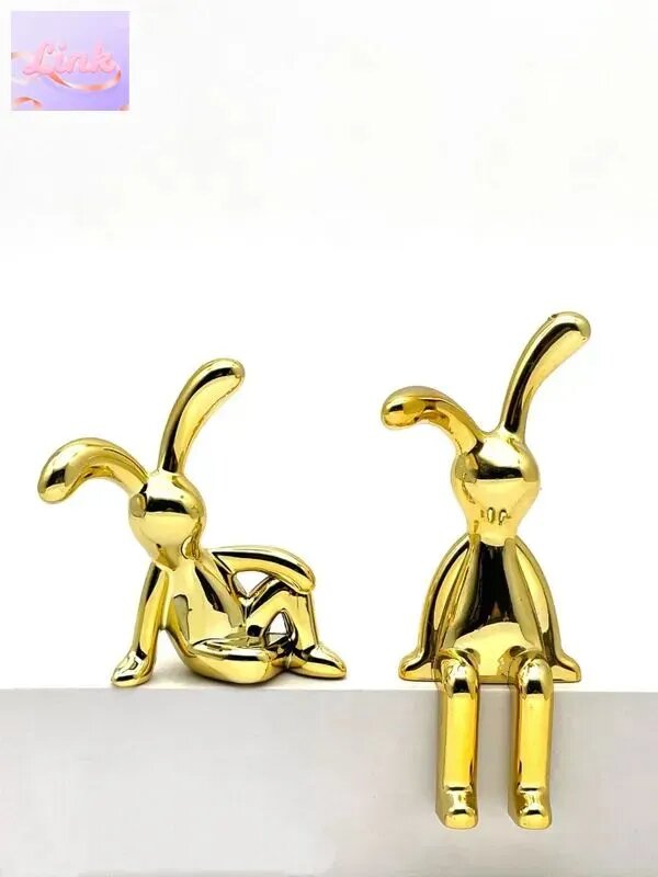 Статуи в доме, интерьер, статуэтка кролика, сидя прямо в кроличьем золоте 2 шт.