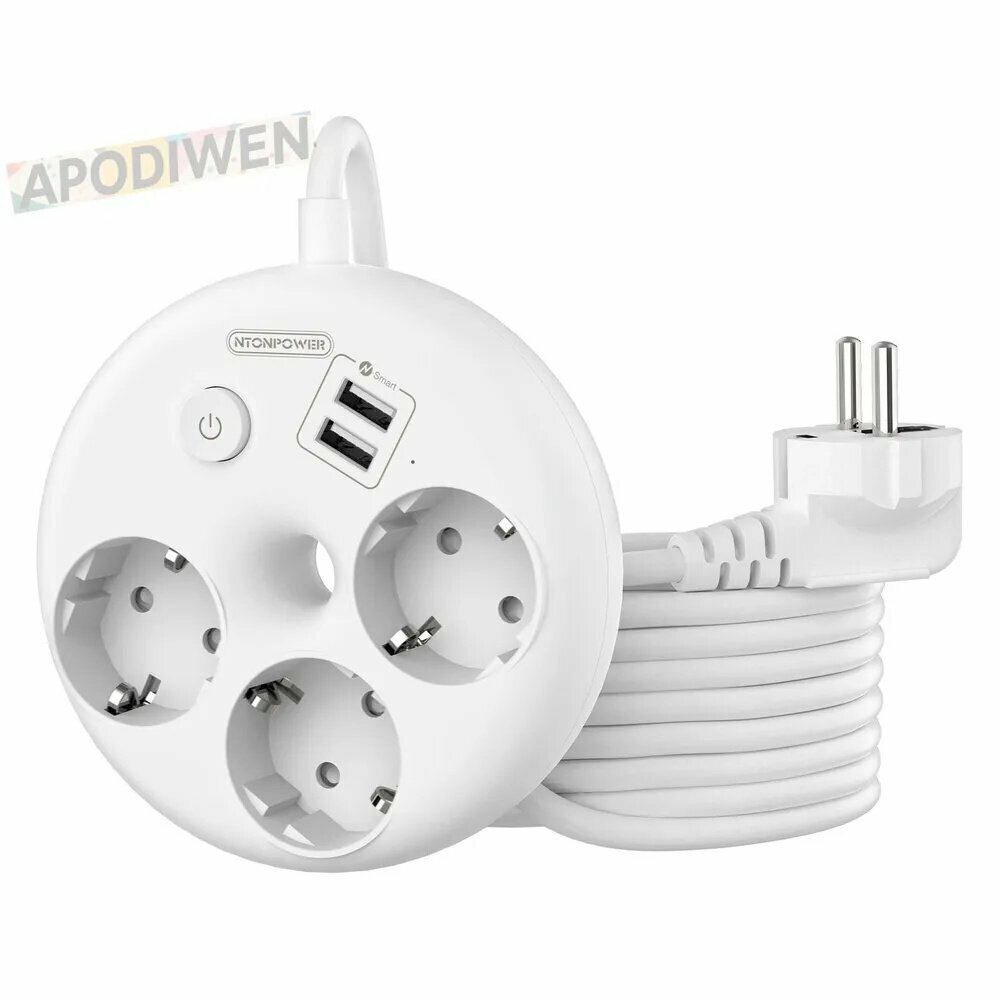 Сетевой фильтр NTONPOWER ODR Удлинитель сетевой, 3 розетки 2 USB, Множественная защита безопасности, Компактный и подходит для путешествий домашних офисов, 5м удлинитель, Белый Apodiwen