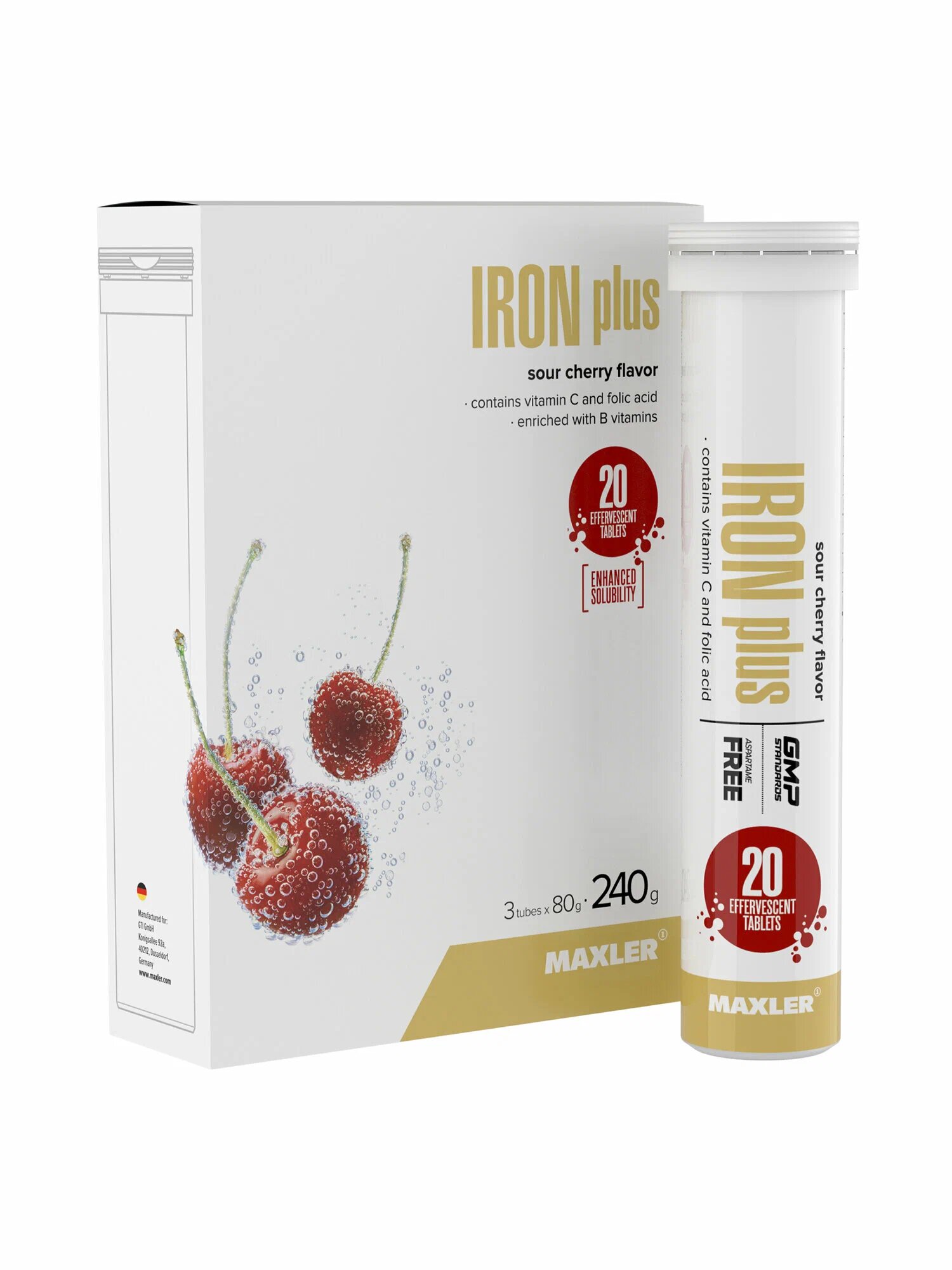 Шипучие витамины Железо Maxler Iron Plus Effervescent, шипучие таблетки, 3 тубы по 20 штук - Вишня