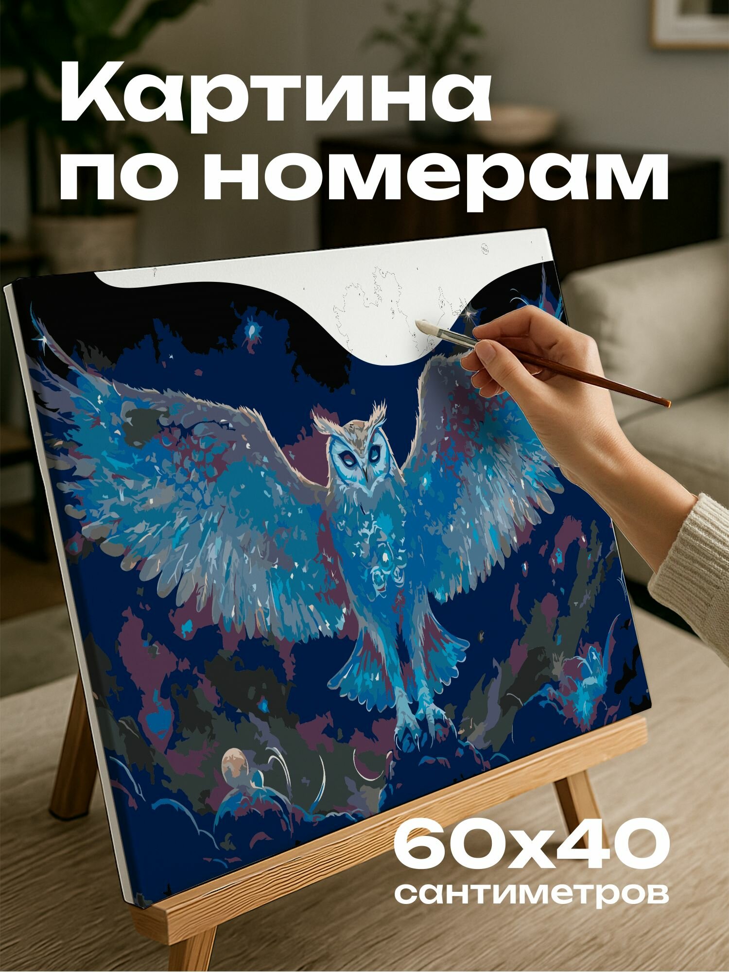 Картина по номерам 60x40 см, сова, переливающиеся перья, звездное ночное небо, распростертые крылья, грация, сила