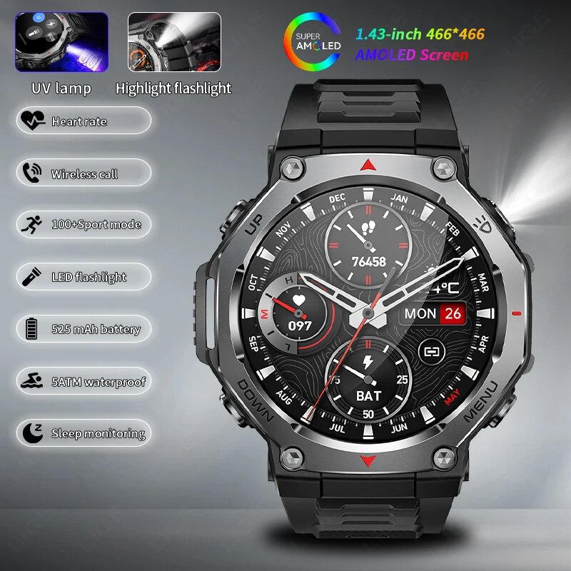 Умные часы LIGE 1.43", черный, Color: Black