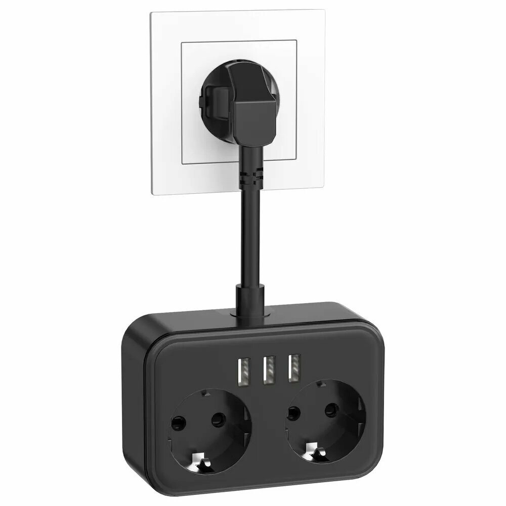 HITRENDS Компактная евро розетка с 3 USB-портами и 2 гнездами, кабель 5 см (1 мм ), черный быстрая зарядка