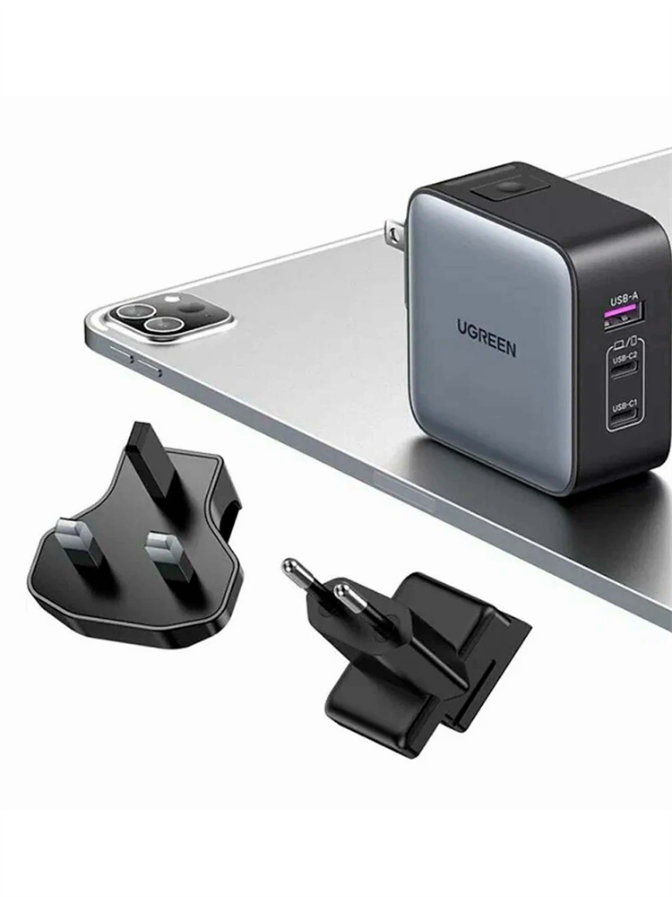 UGREEN Сетевое зарядное устройство UGREEN Nexode 65Вт GaN CD296 (90409) USB-A+2*USB-C (3 порта) со сменными вилками серый