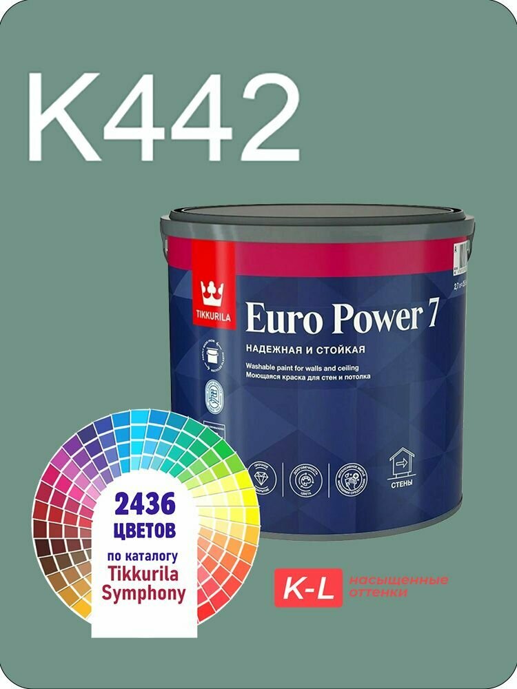 Краска для стен и потолков Tikkurila Euro Power 7 2,7л.2,7л. насыщенные оттенки K442