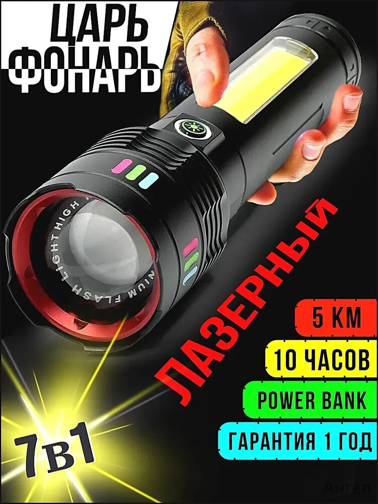 Фонарь ручной, лазерный светодиод, 50000 люмен, встроенный аккумулятор, ударопрочный