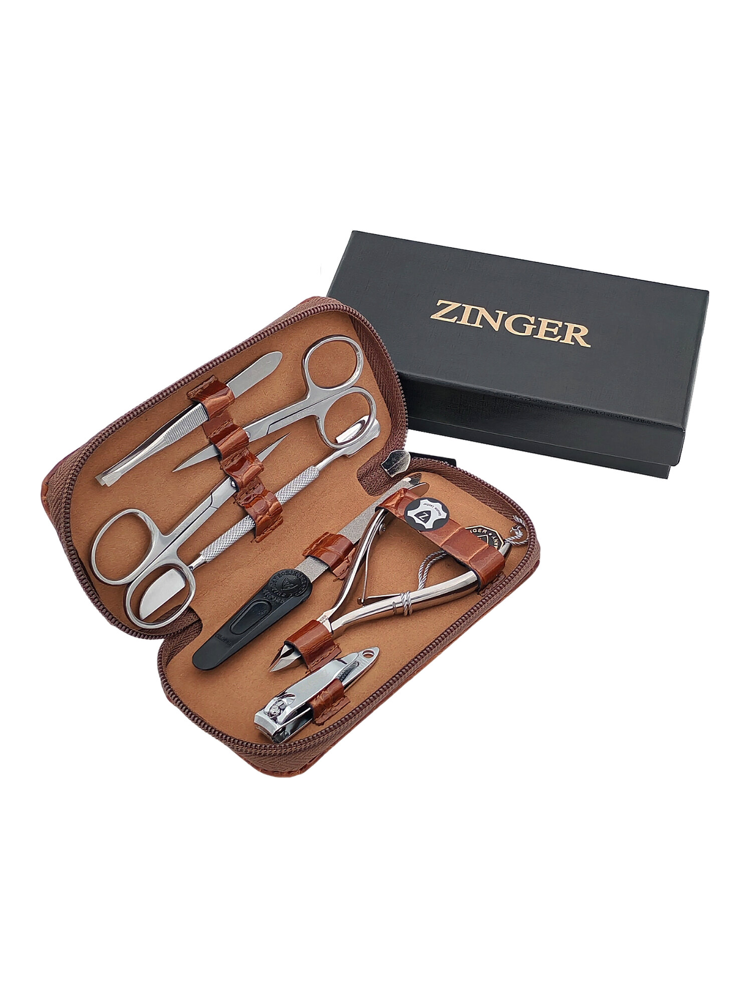 Маникюрный набор Zinger MS-7105, 7 предметов, натуральная кожа, медицинская сталь, серебристый / коричневый крокодил
