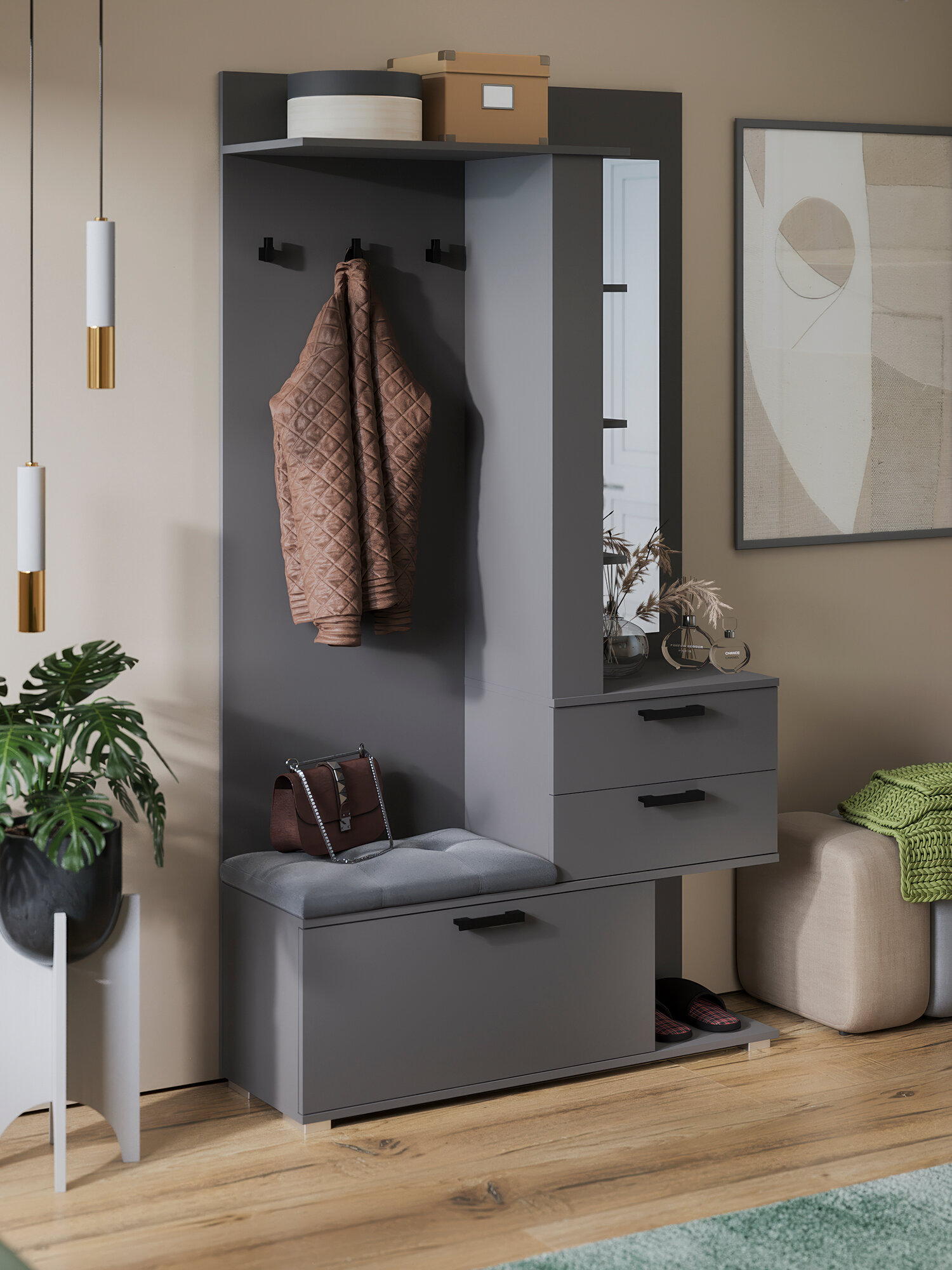 Прихожая Мебель Трия Эрика, ЛДСП, графит серый, с зеркалом и обувницей