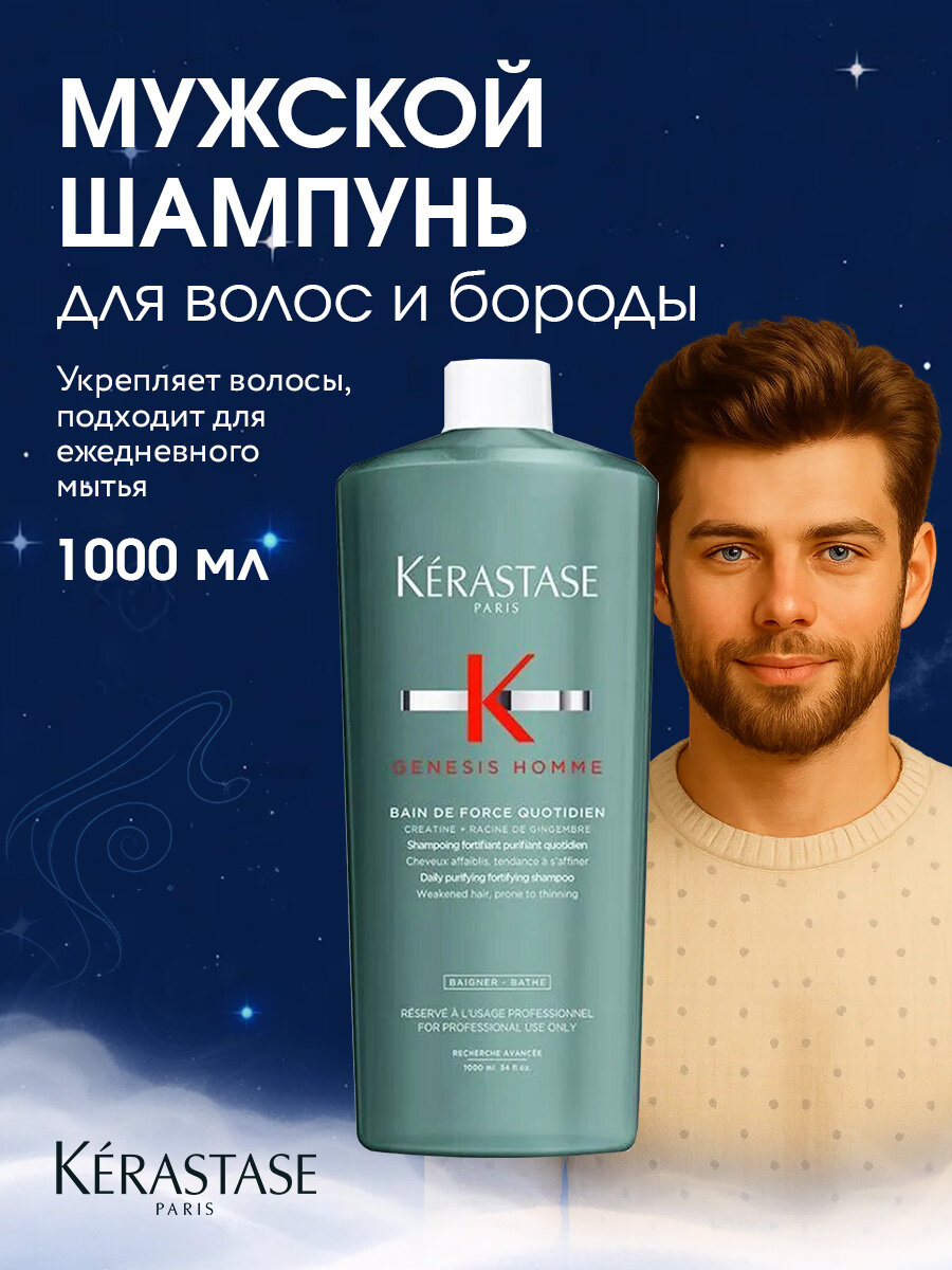 Kerastase Genesis Homme Bain de Force Quotidien - Шампунь-ванна очищающий для мужчин 1000 мл