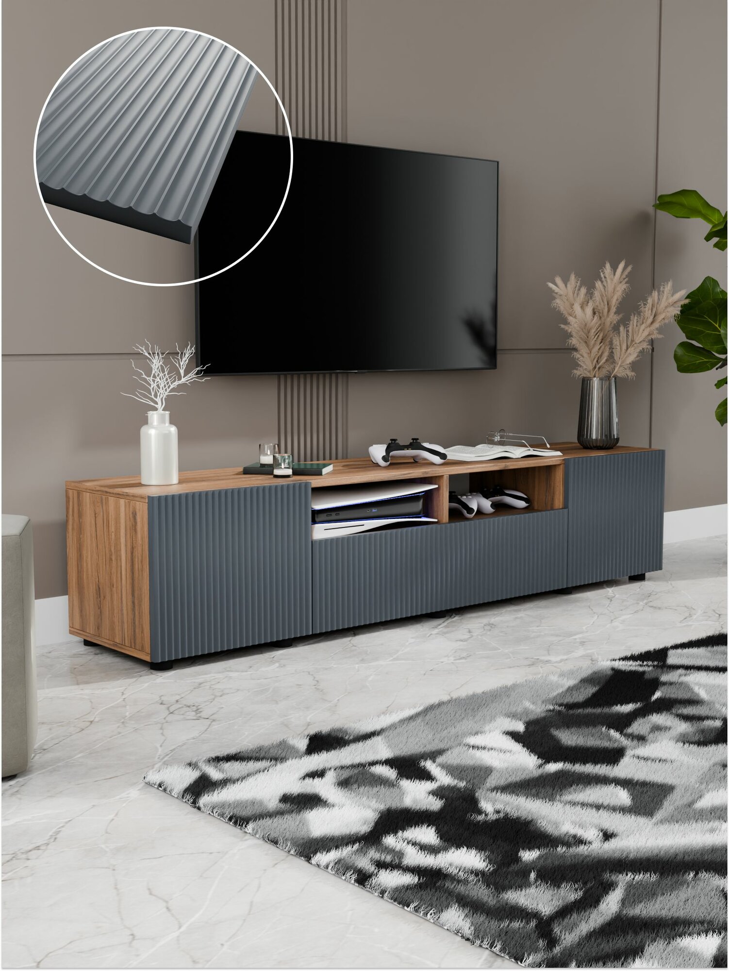 Изумлит Тумба под телевизор горизонт рифленый пленочный фасад 160х37.8х36.3 см, корпус дуб крафт табачный/ фасад графит матовый