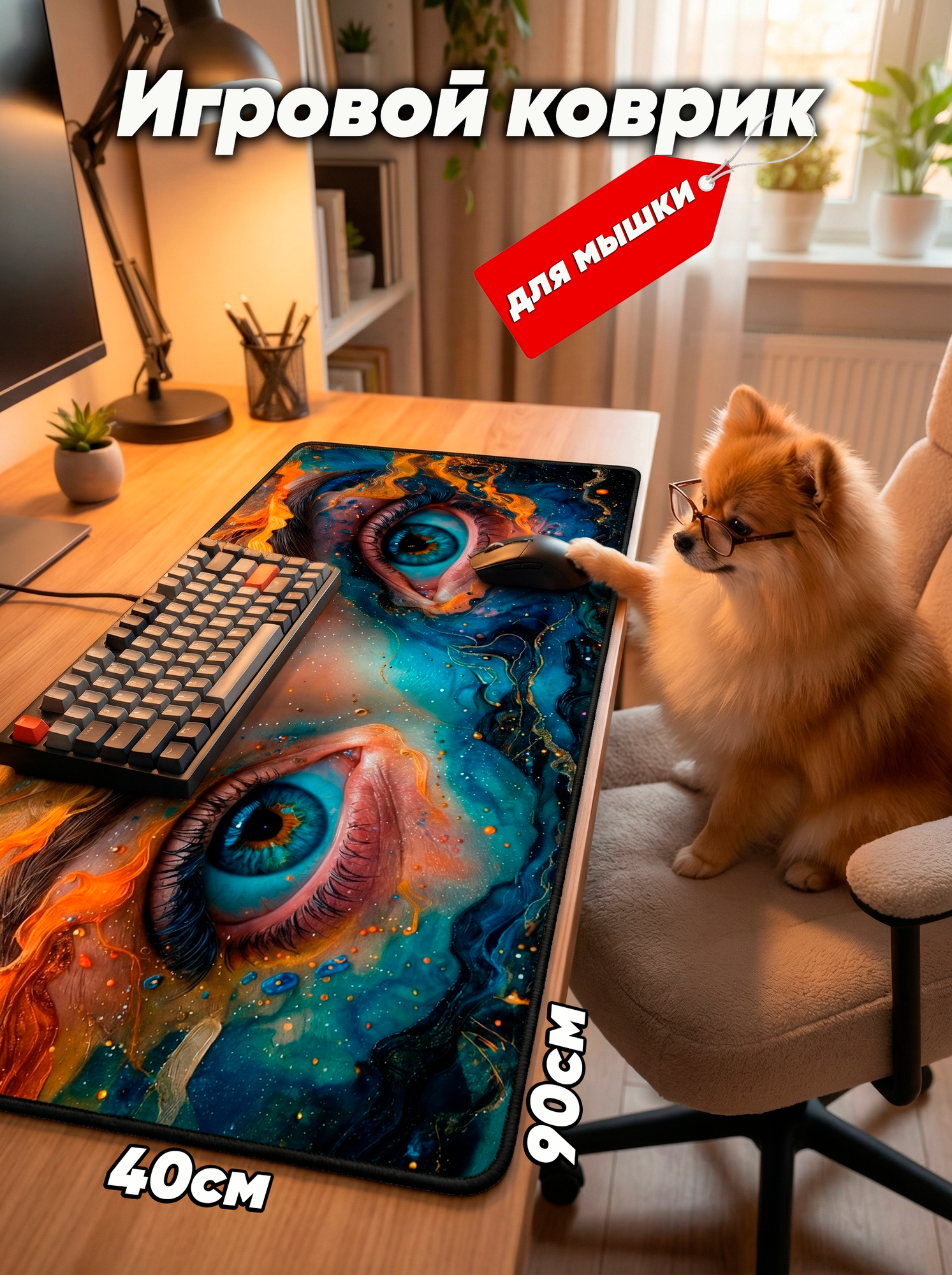 Большой игровой коврик для мышки с принтом, 90х40 см, Глаза мои. Компьютерный ковер под клавиатуру и мышь на весь стол.