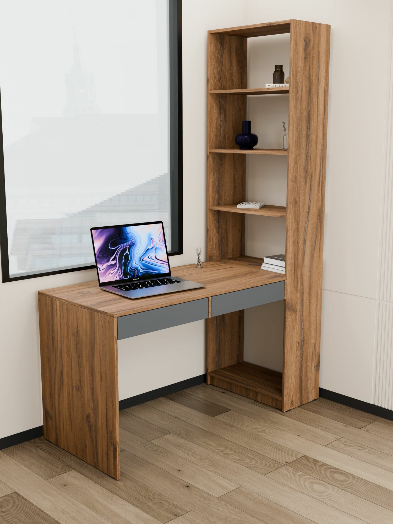 Изумлит Стол-стеллаж письменный угловой для учебы и работы Джокер, стеллаж справа 200х59.2х140 см, дуб крафт табачный-графит