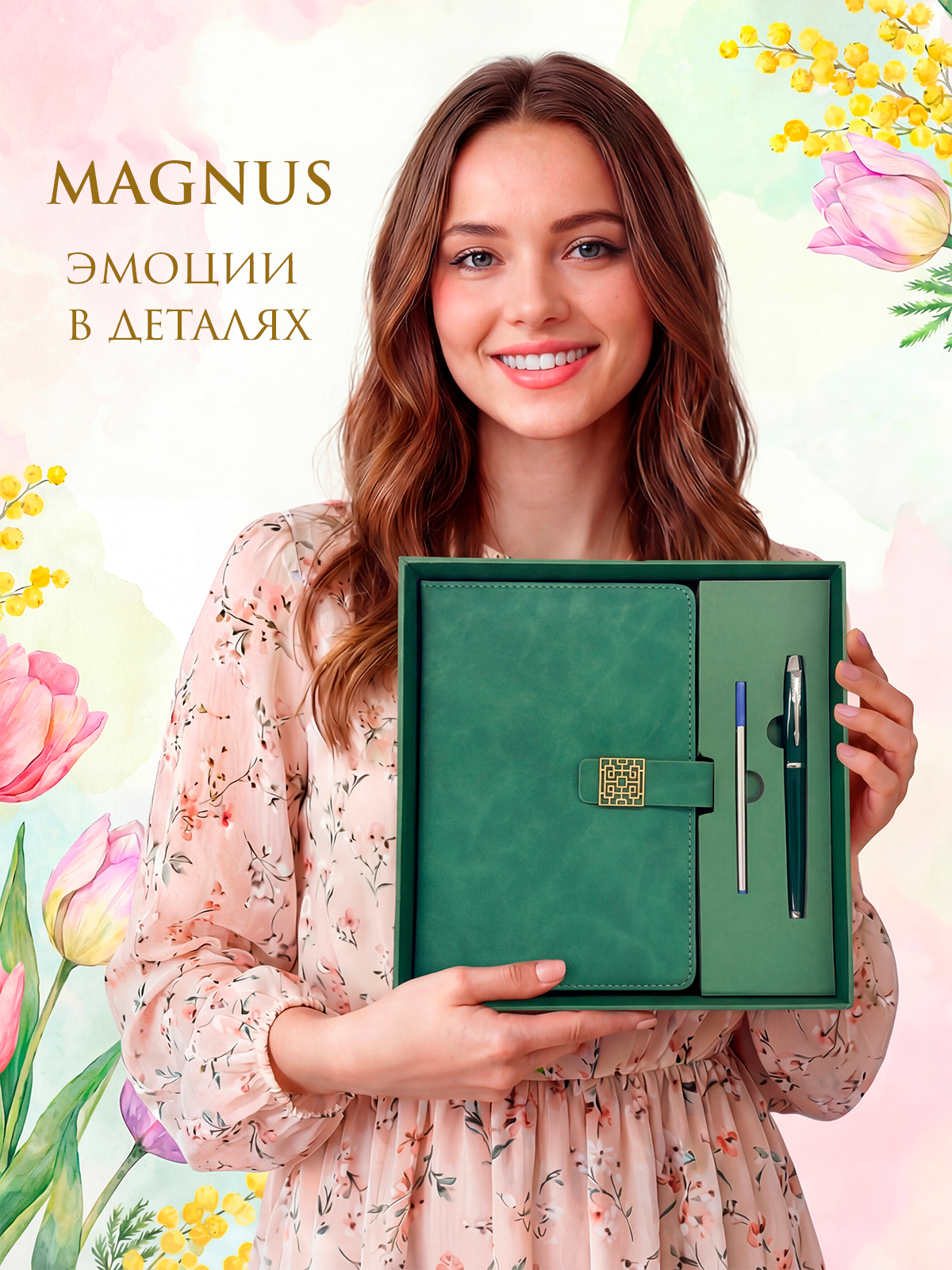 Ежедневник подарочный недатированный А5 с ручкой, подарочный набор, зеленый