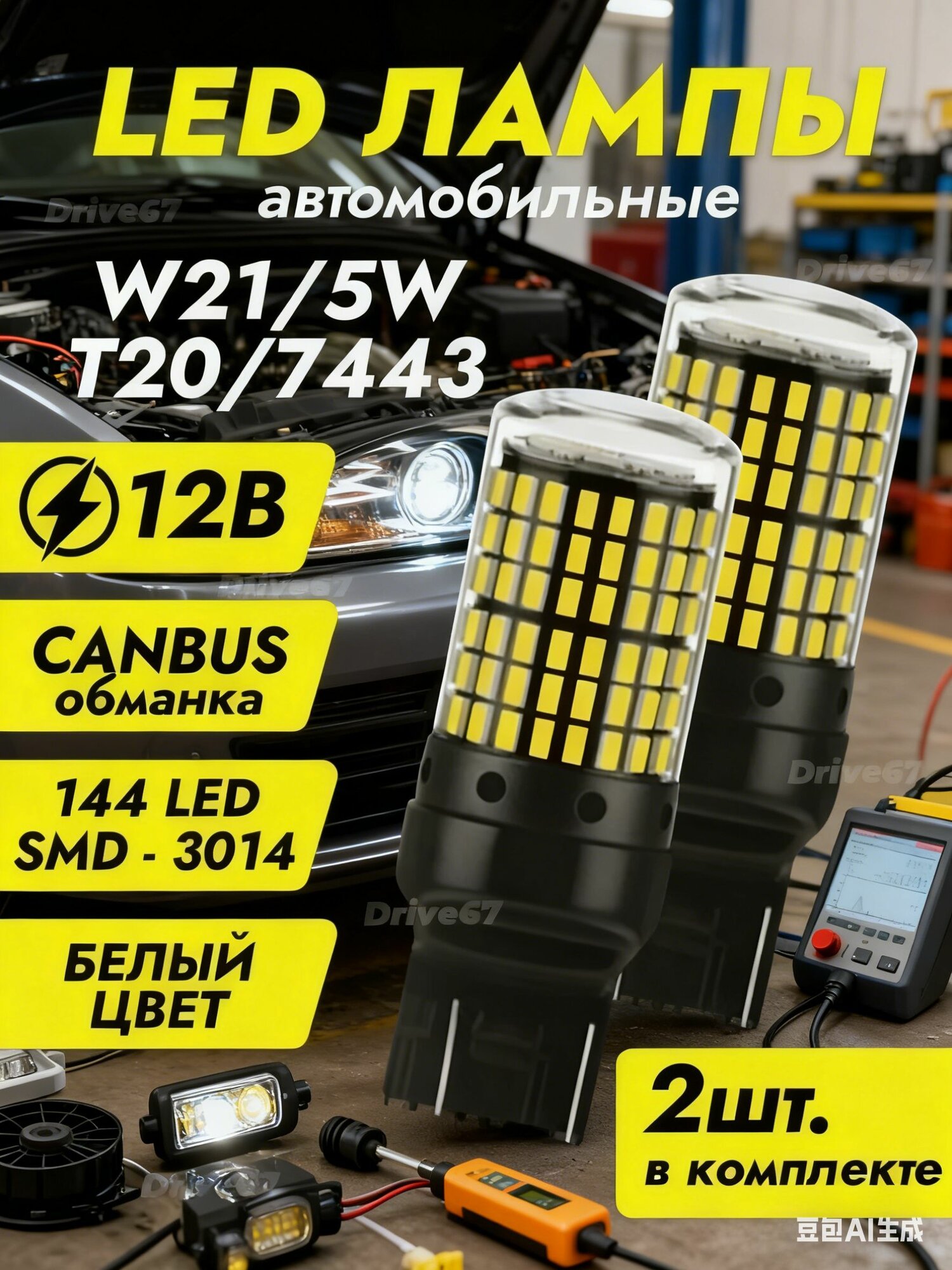 Лампа светодиодная W21/5W T20 7443, 2 шт, белый свет, для дневных ходовых огней, габаритов, стоп-сигналов