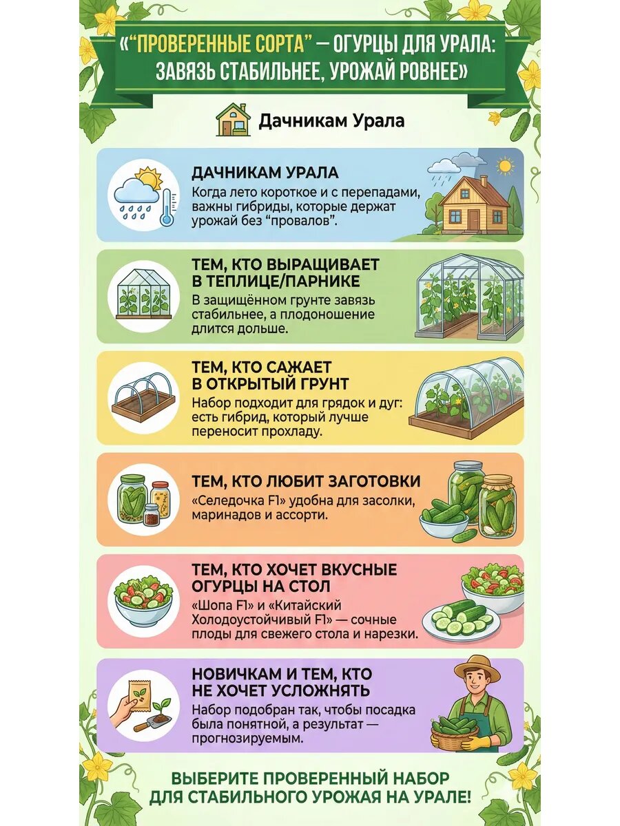 Набор семян огурцов для Урала для открытого грунта и теплиц, 3 сорта — фото 1