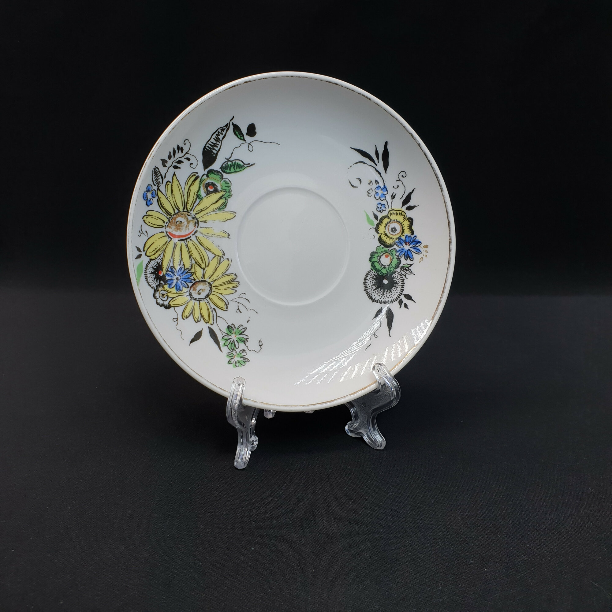 Винтажное блюдце ЛФЗ, фарфор деколь позолота 14 см, потертости, СССР