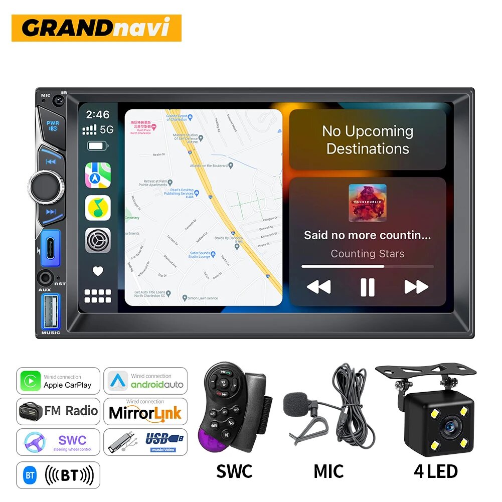 2DIN 7-дюймовый автомобильный мультимедийный MP5-плеер, проводной CarPlay Android Auto Mirrorlink, сенсорный экран, AUX Bluetooth Type C, USB, быстрая зарядка