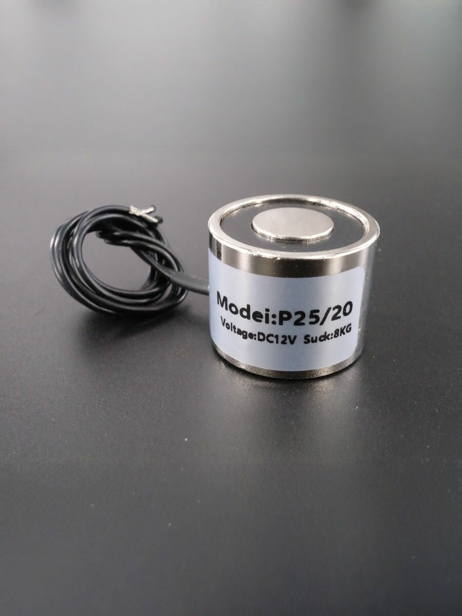 Электромагнит с круглой присоской, постоянный ток 12В, сила всасывания 8 кг, размер 25 20мм.