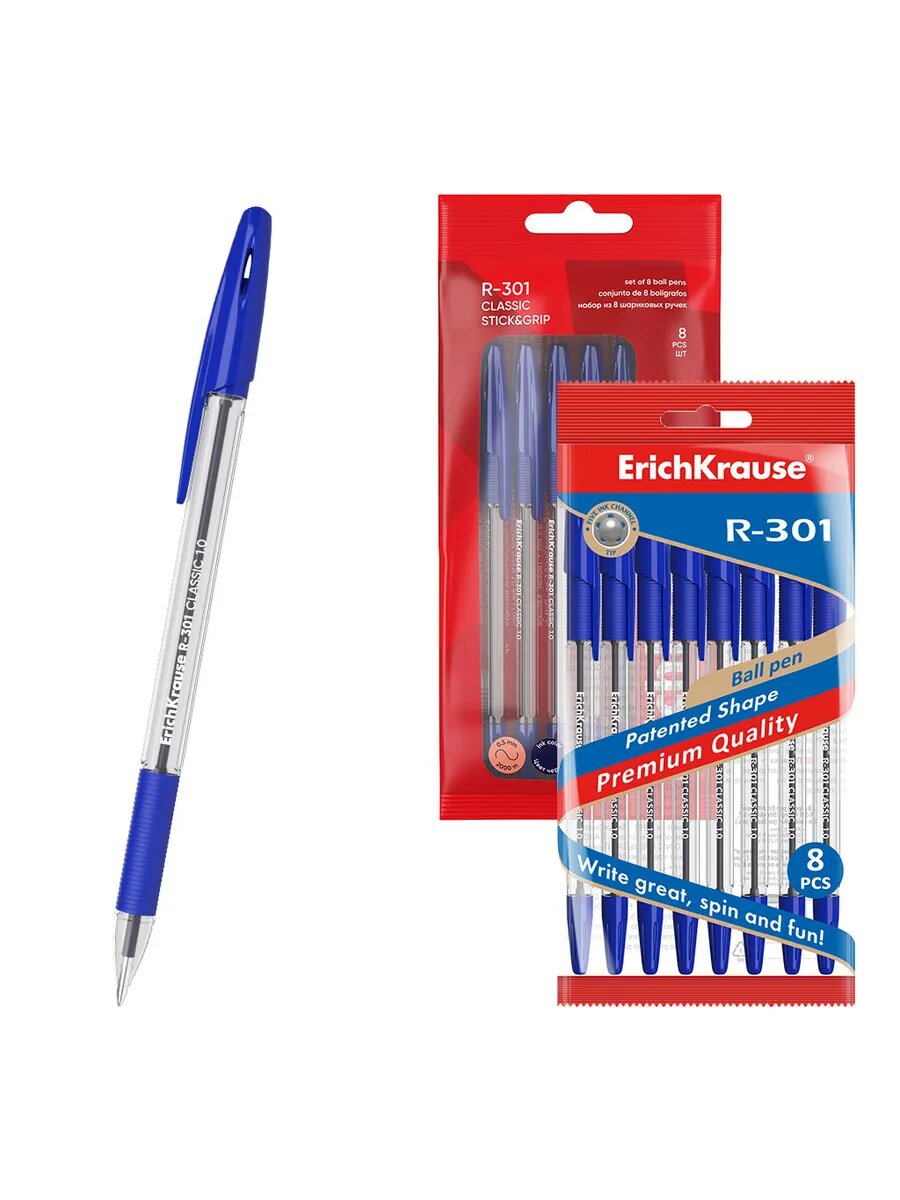 8 ручек шариковых R-301 Stick&Grip Classic 1.0, синих
