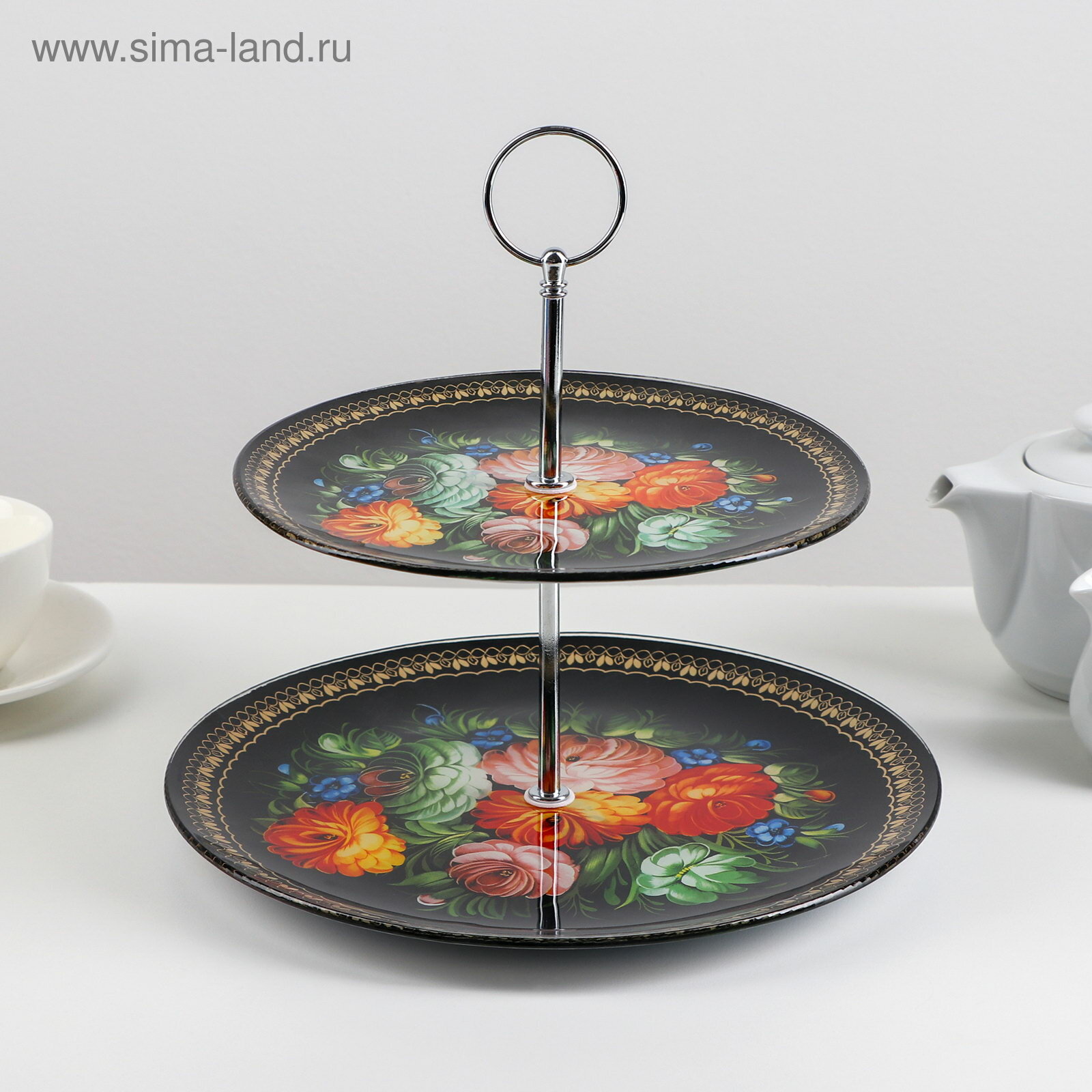 Этажерка - фруктовница круглая "Народные мотивы", 2 яруса, d=25/20 см, стекло, чёрная