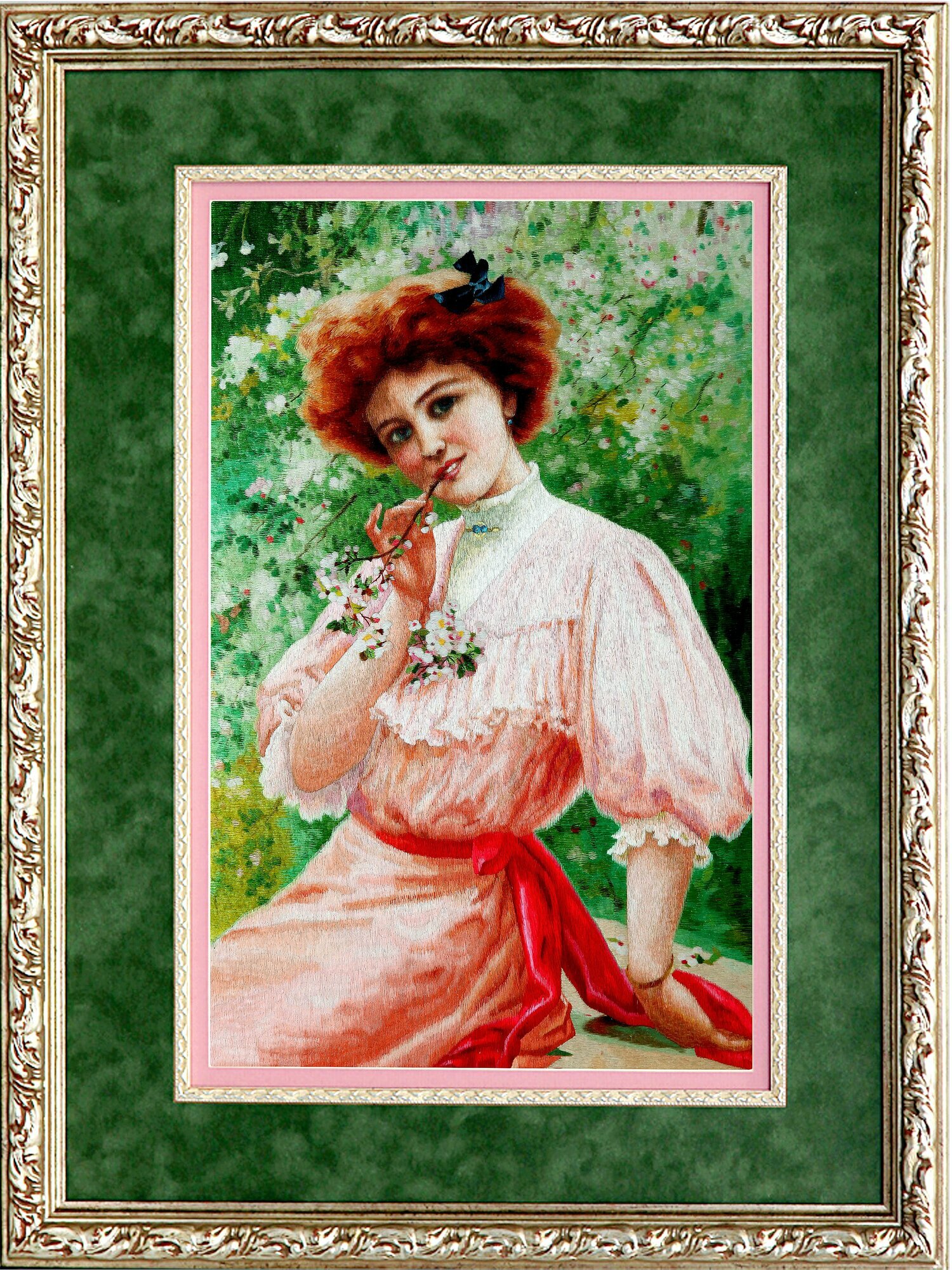 Картина Живой Шелк Леди в розовом, вышивка шелком ручная с 3Dэффектом/см 50х70х3/багет+паспарту