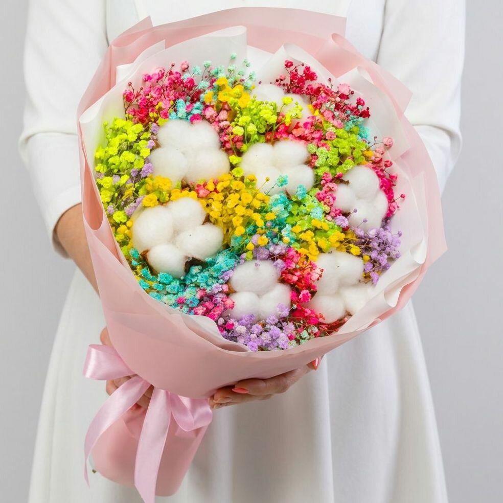 Букет Мегацвет24 "Радужная Гипсофила и хлопок", разноцветный, дизайнерская упаковка