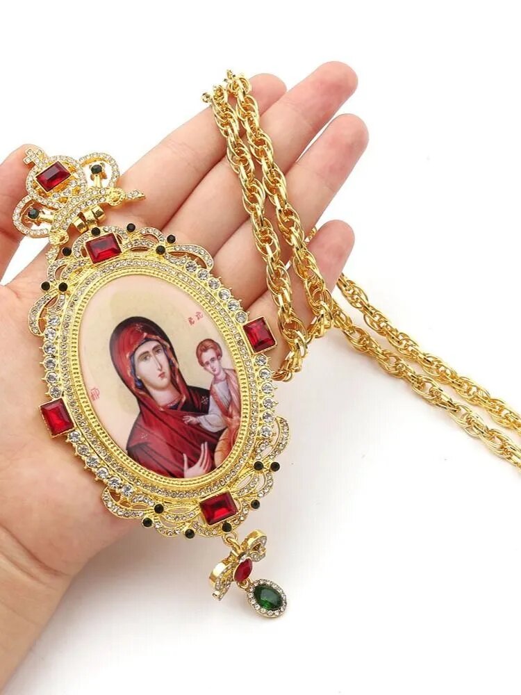 Крест наперсный "Воскресенский" золотистый с изображением Богоматери с младенцем Христом