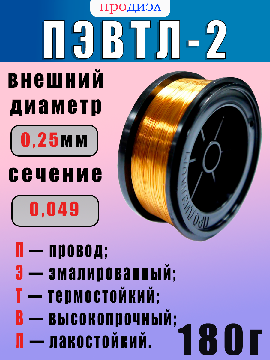 Обмоточный провод продиэл ПЭВТЛ-2 0,25мм, однопроволочная жила, лак, медь