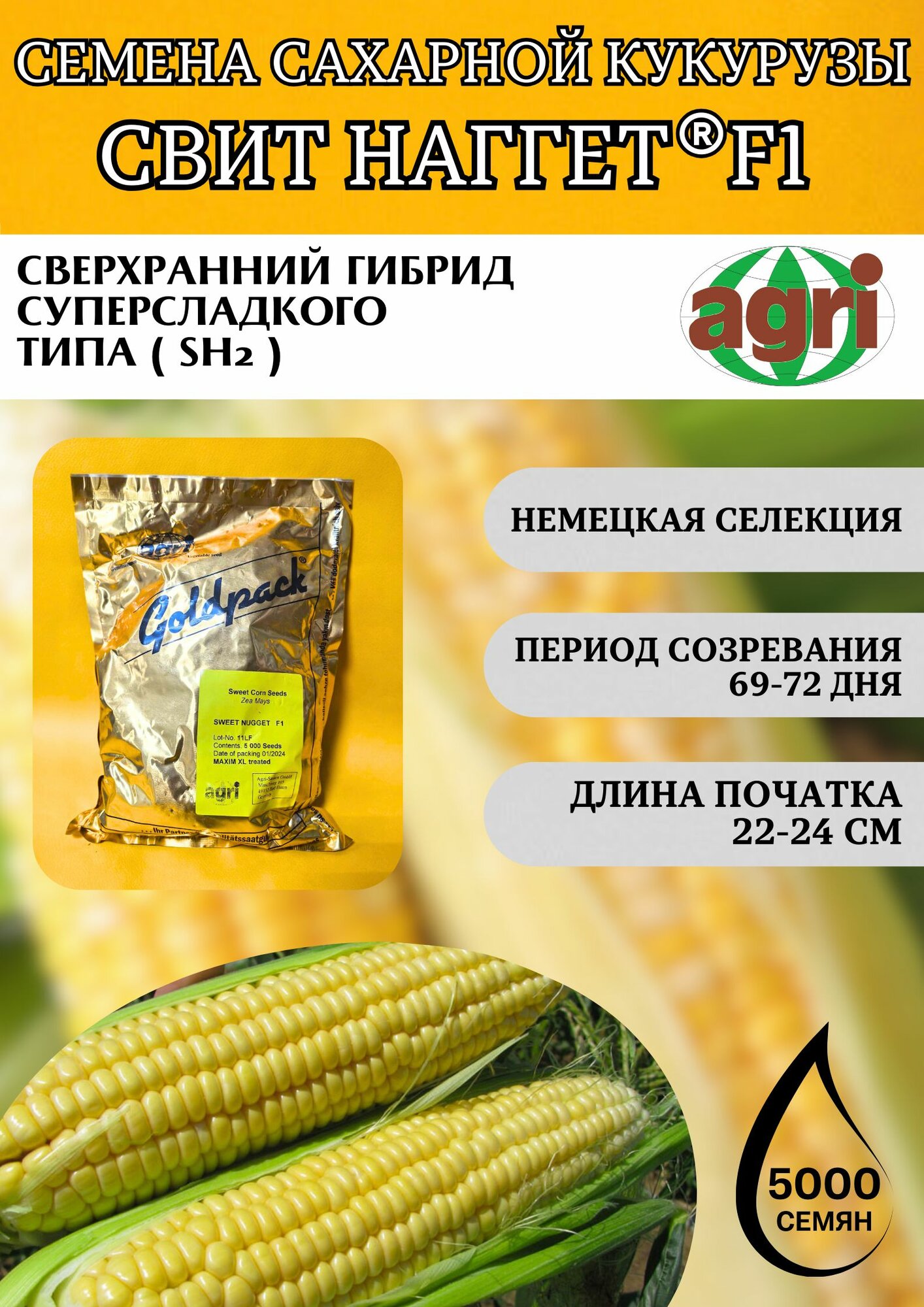 Семена кукурузы Свит Наггет F1 5000 семян Agri Saaten, профессиональные семена