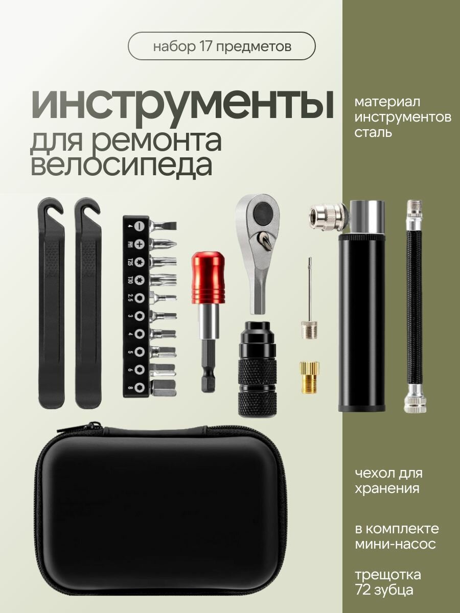 Универсальный мультитул для ремонта велосипеда / Велоаптечка с мини-насосом в комплекте