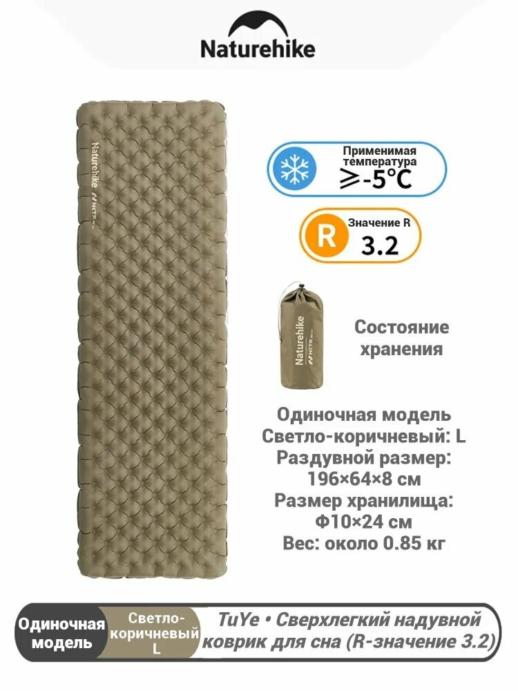 Naturehike/TuYe Сверхлегкий надувной коврик для сна/Специальный надувной спальный коврик для кемпинга на открытом воздухе(R-значение 3.2)