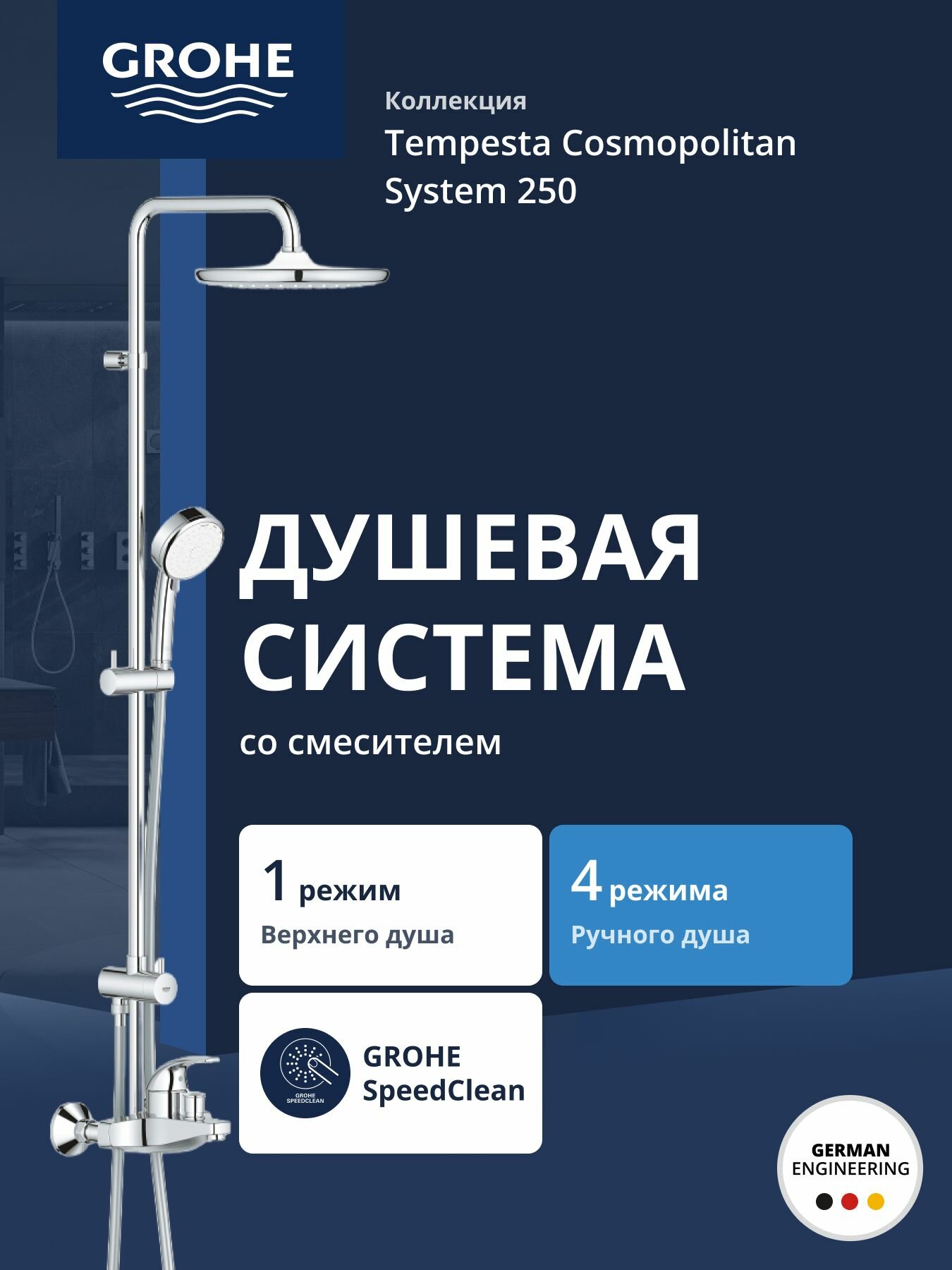 Душевая система GROHE Tempesta Cosmopolitan 250 со смесителем для ванны, хром (26674000)
