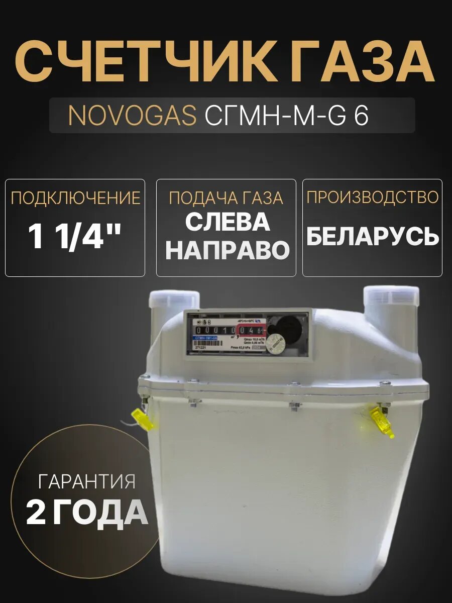 Счетчик газа NOVOGAS СГМН-1М-G 6 межосевое 250 мм, левый 1 1/4" слева направо