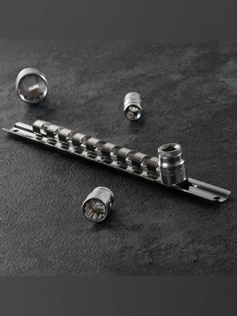 Настенная металлическая рейка для торцевых головок NORGAU Industrial с 10 держателями под квадрат 1/2", 290 мм