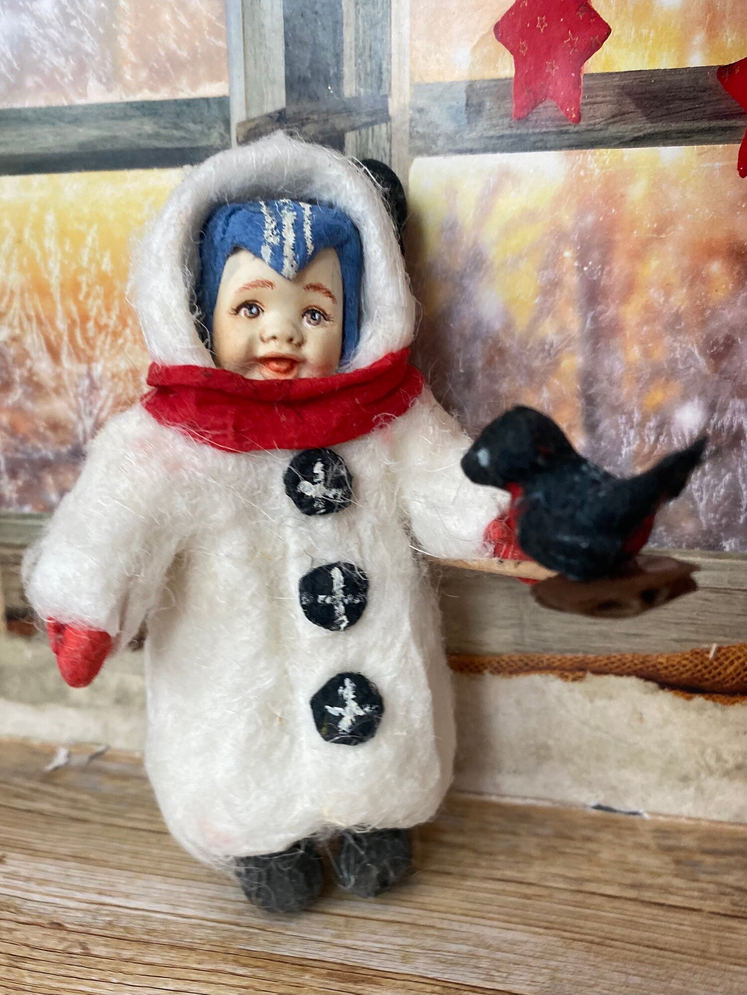 Ватная игрушка ручной работы Мальчик с птичкой .