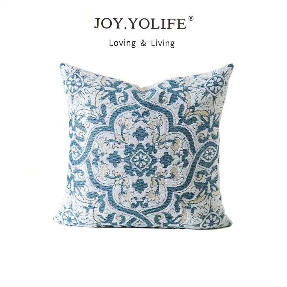 Подушка декоративная Joy.Yolife 45x45 см синего цвета с орнаментом из полиэстера