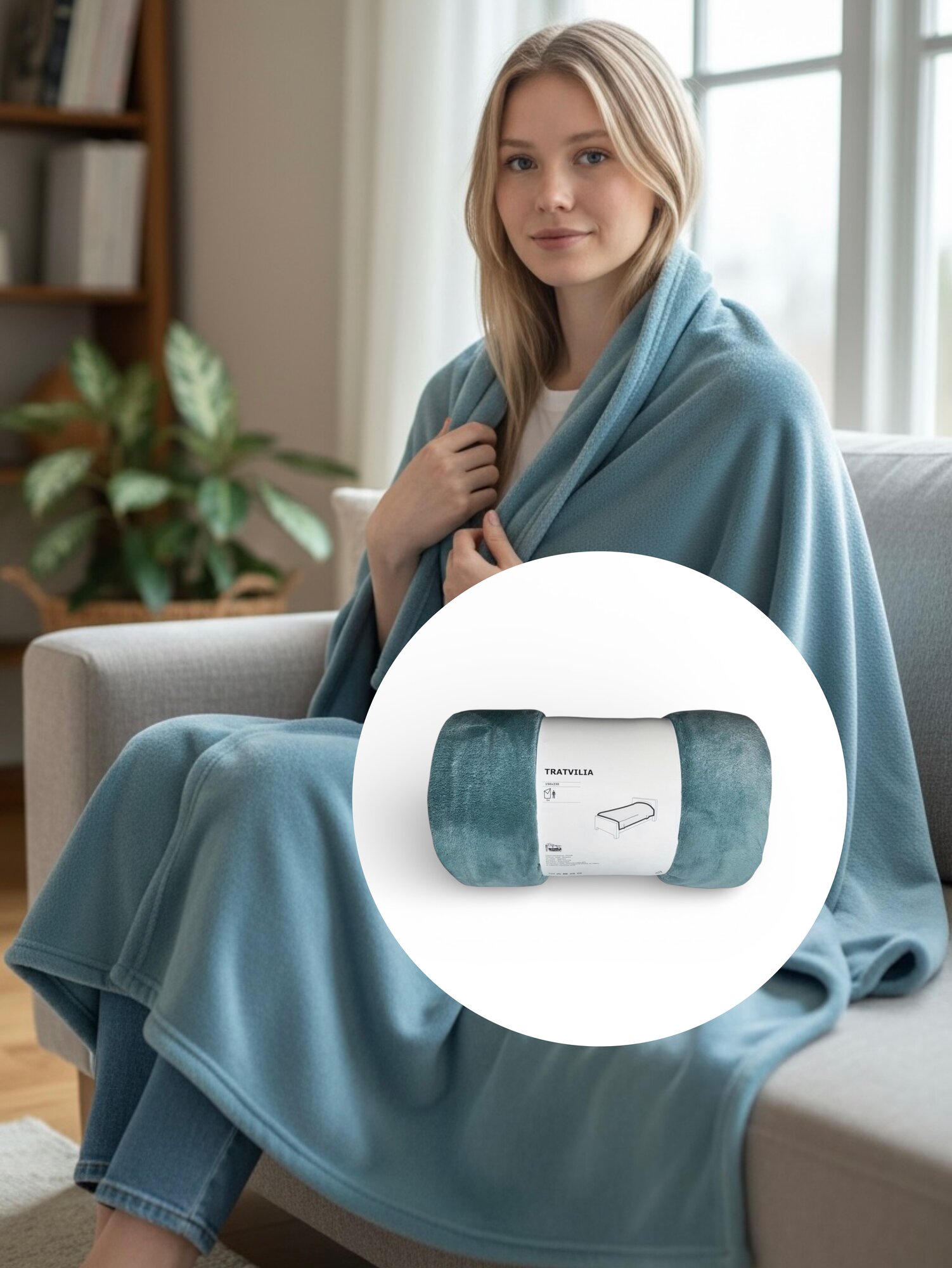 Плед TRATTVIVA IKEA 150x250 плед-покрывало, бирюзовый, светло-голубой, полиэстер, машинная стирка