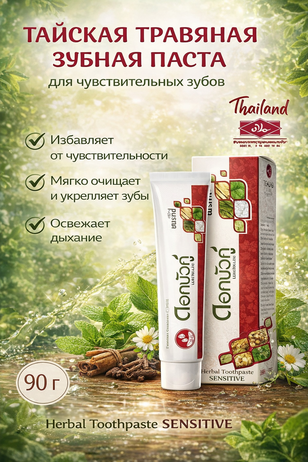 Зубная паста Dok Bua Ku Twin Lotus, для чувствительных зубов, с травами, 90 г