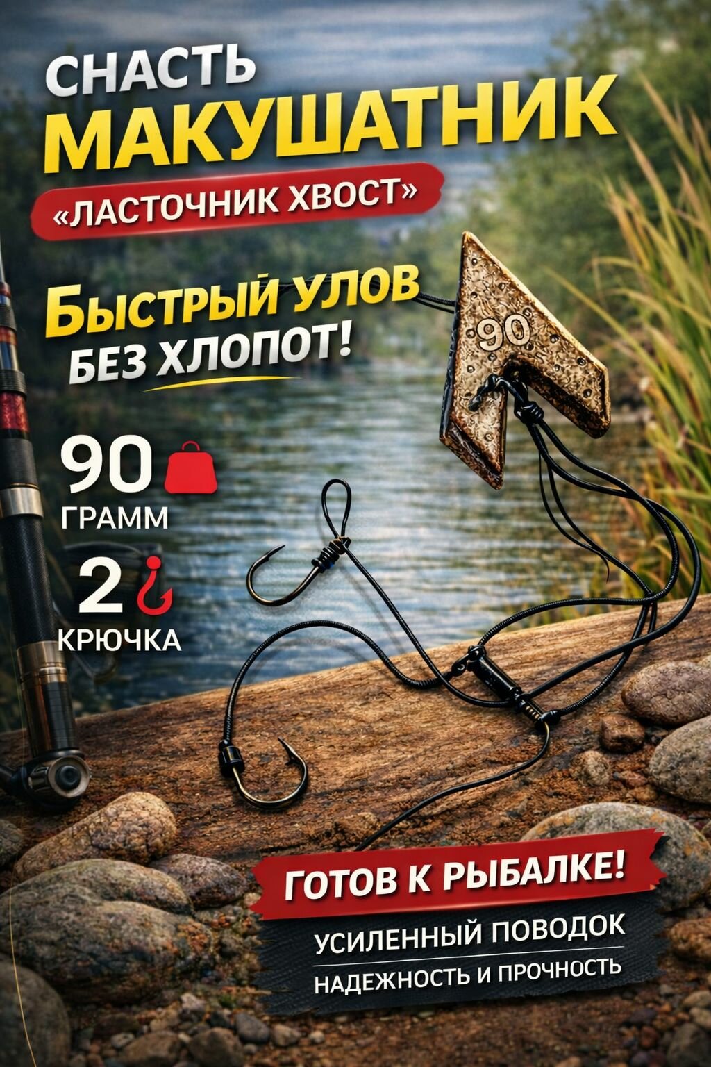 Макушатник карповый 90 г "Ласточкин хвост" донная снасть для рыбалки, оснастка для макухи, 2 крючка