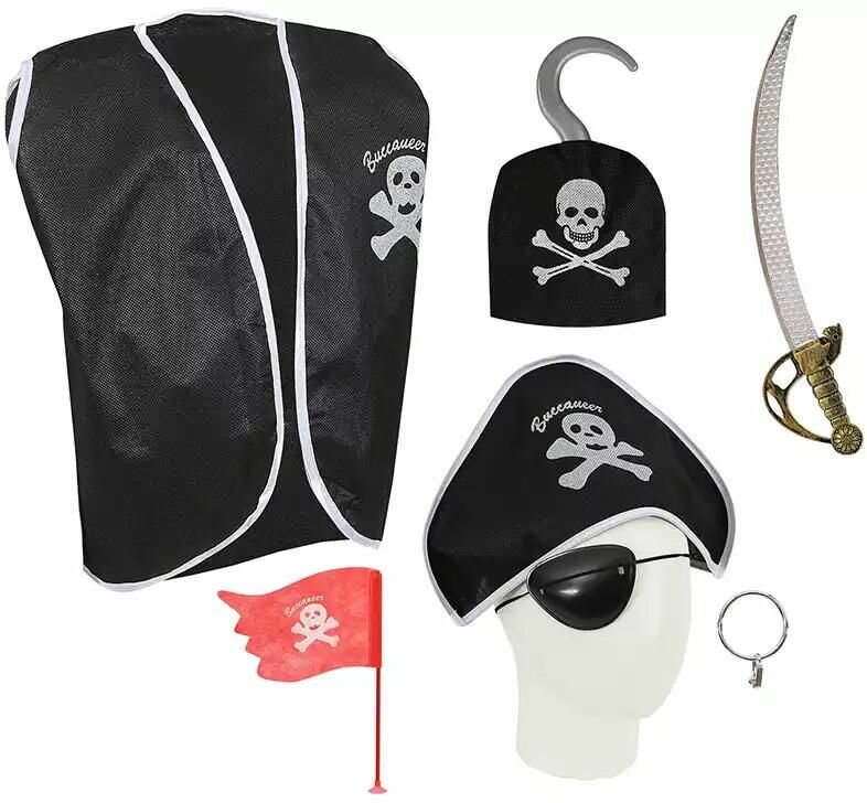 Карнавальный набор КНР Пират, жилет, крюк, сабли, флаг, повязки на глаз, сережки, треуголка