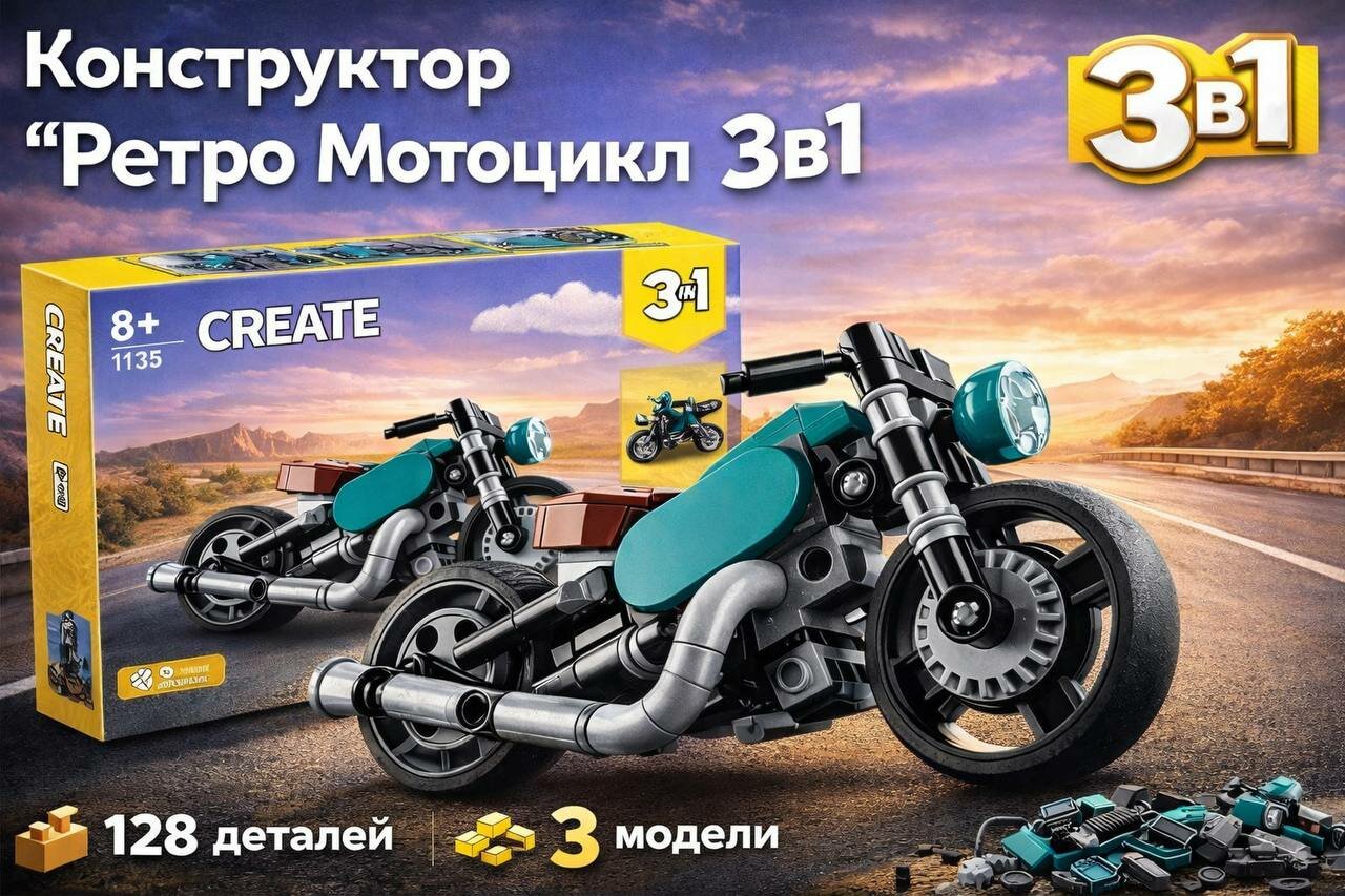 Конструктор "Ретро Мотоцикл 3в1" 128 деталей, 8+, собери три разные модели