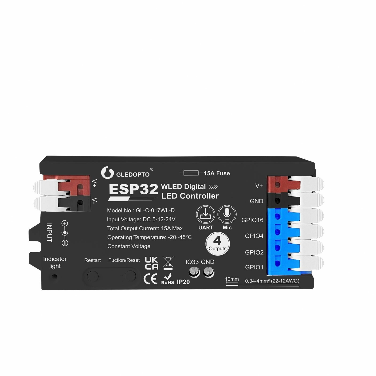 Контроллер WLED GLEDOPTO ESP32, Black, 4 выходных канала, предохранитель 15 А, встроенный микрофон, загрузка UART