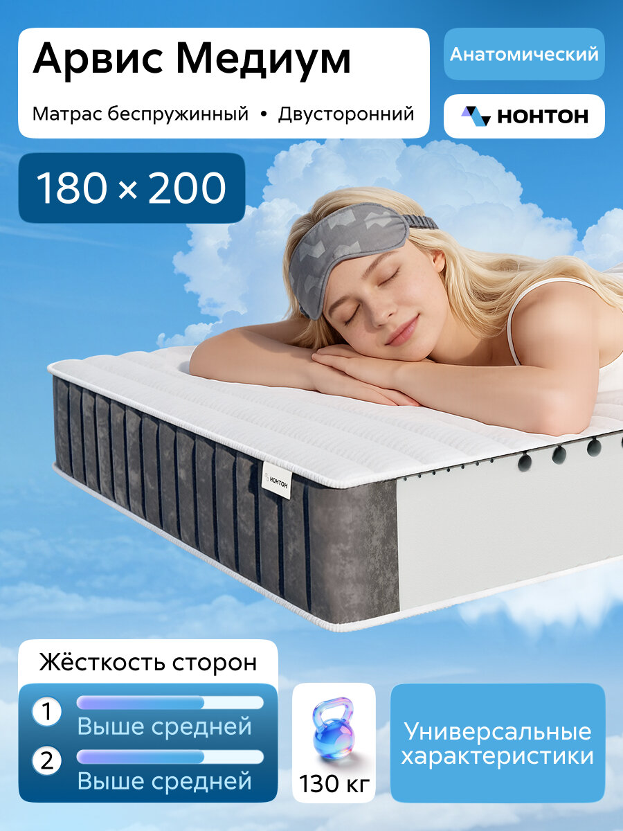 Матрас двуспальный Нонтон Арвис Медиум, 180x200 см, беспружинный / трикотаж