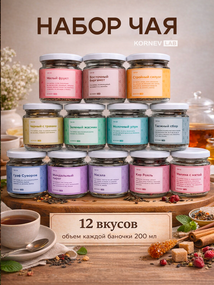 Подарочный набор чая 12 разных вкусов, в стеклянной банке, листовой