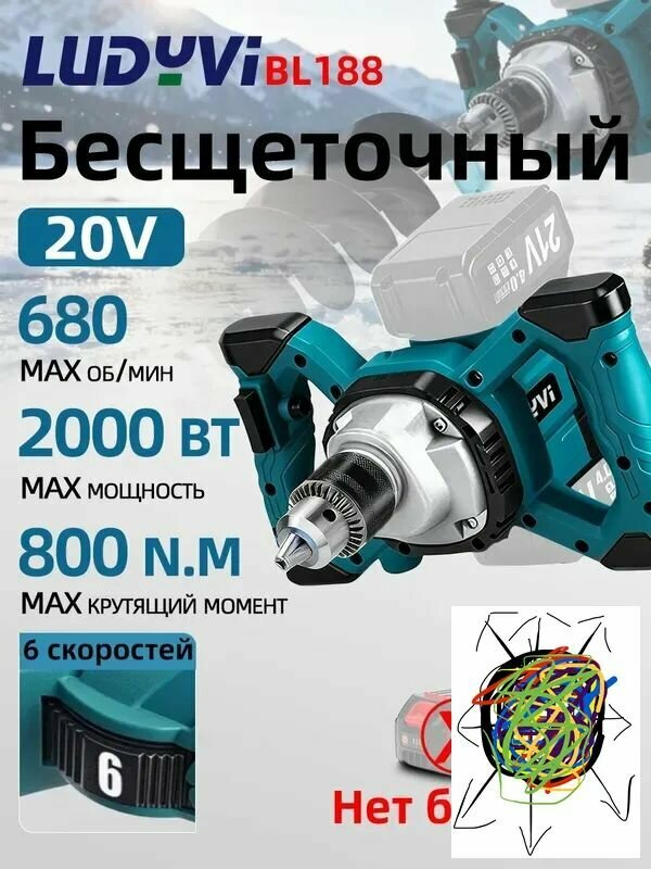 20В Аккумуляторный Бесщеточный Электроледобур, 800 HM, 0-680 об/мин, 6 скоростей, питание от двух батарей, (Нет батареи)