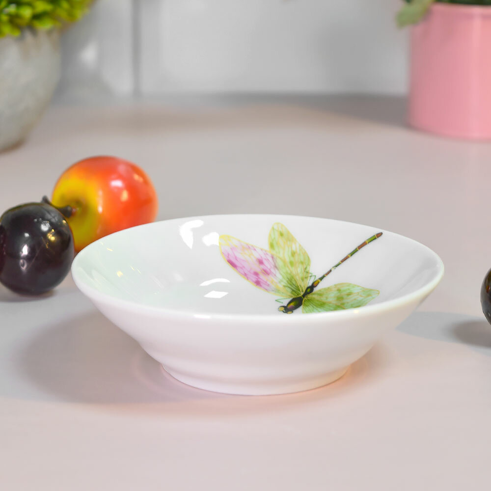 Блюдце фарфоровое 105мм "Стрекоза", белое, для варенья и десертов